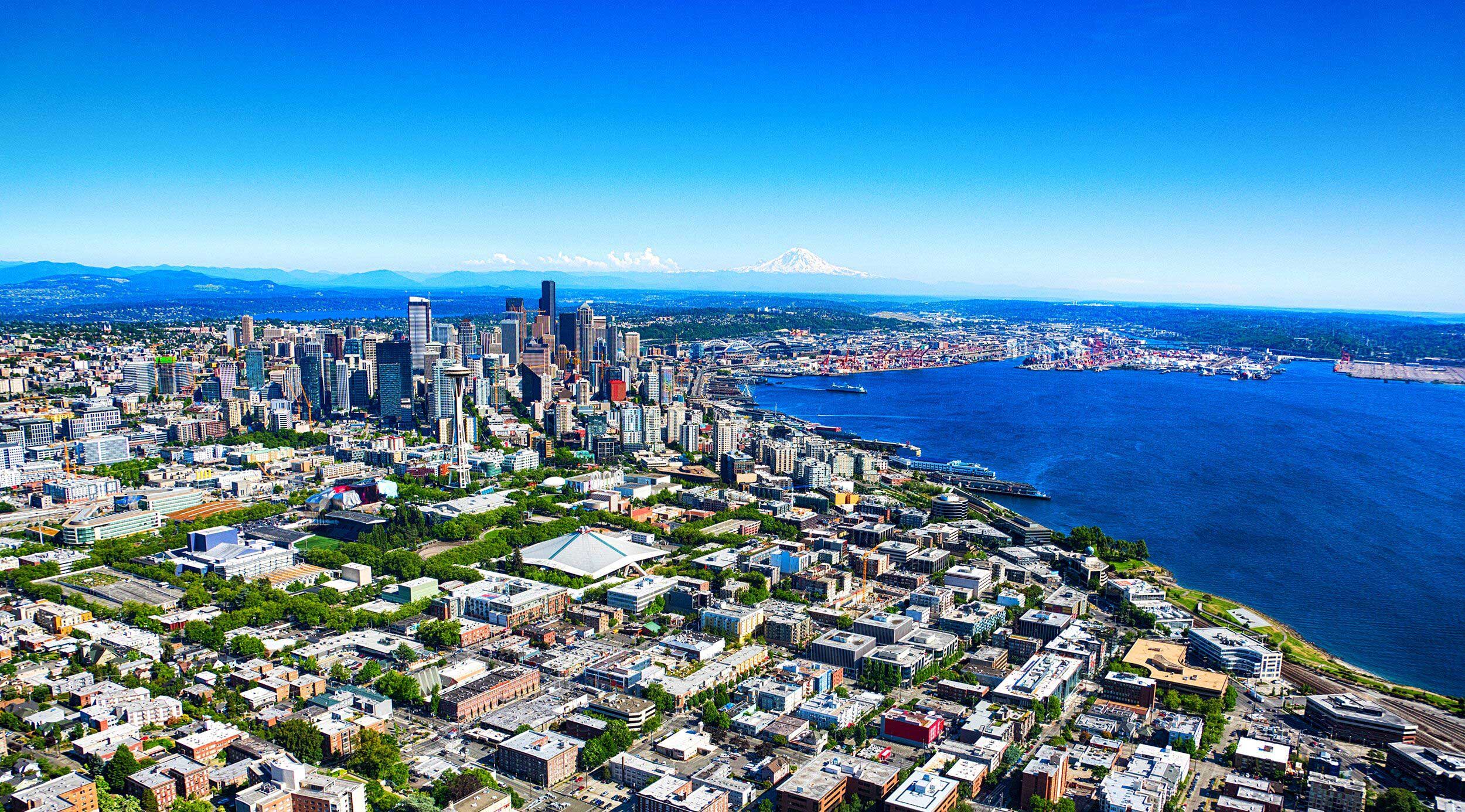 Distant Aerial View of the Seattle Skyline and Metro Area Roofs